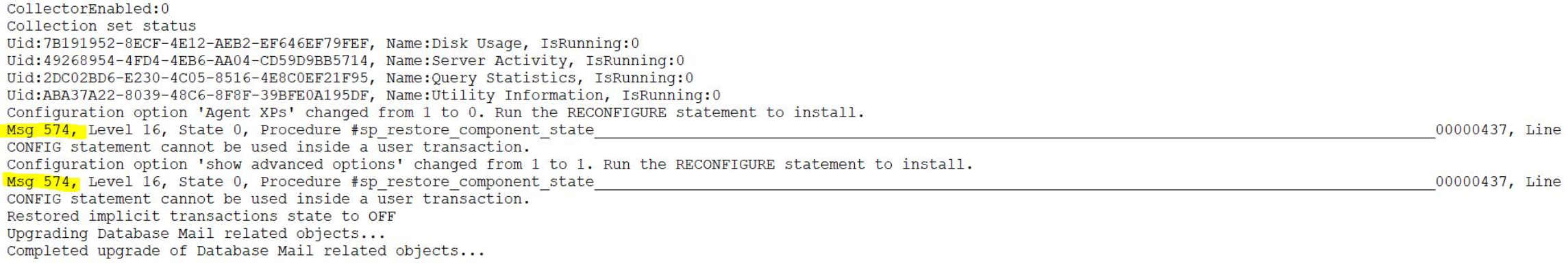 Patch upgrade failed. ‘Error:574 CONFIG statement cannot be used inside a user transaction ...