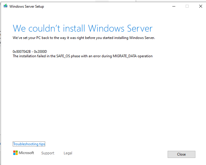 [ISSUE] b20201 Inplace upgrade keeps failing Server vNext 0x8007042B ...