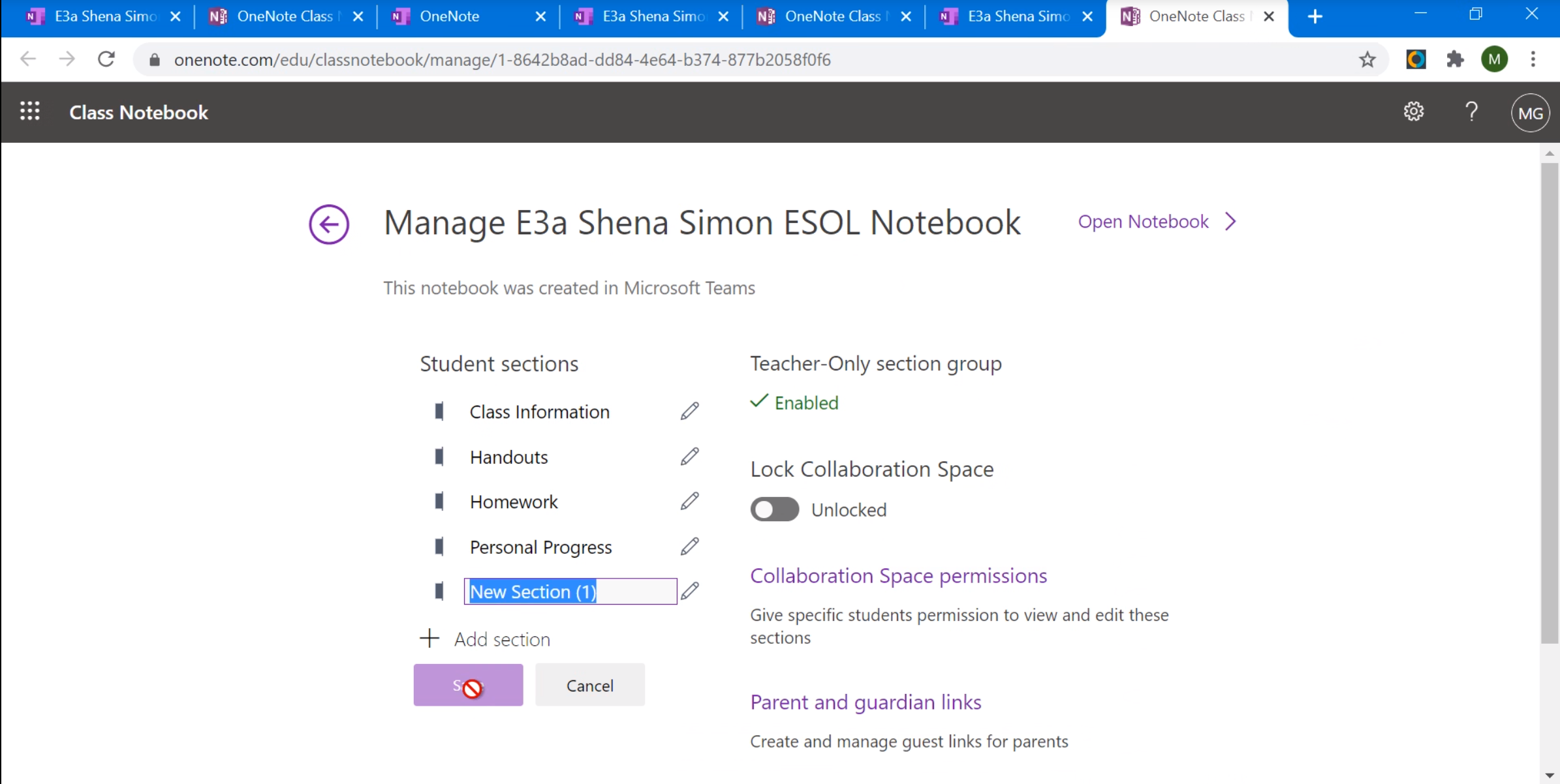 I cannot add a section in my Teams class notebook | Microsoft Community Hub