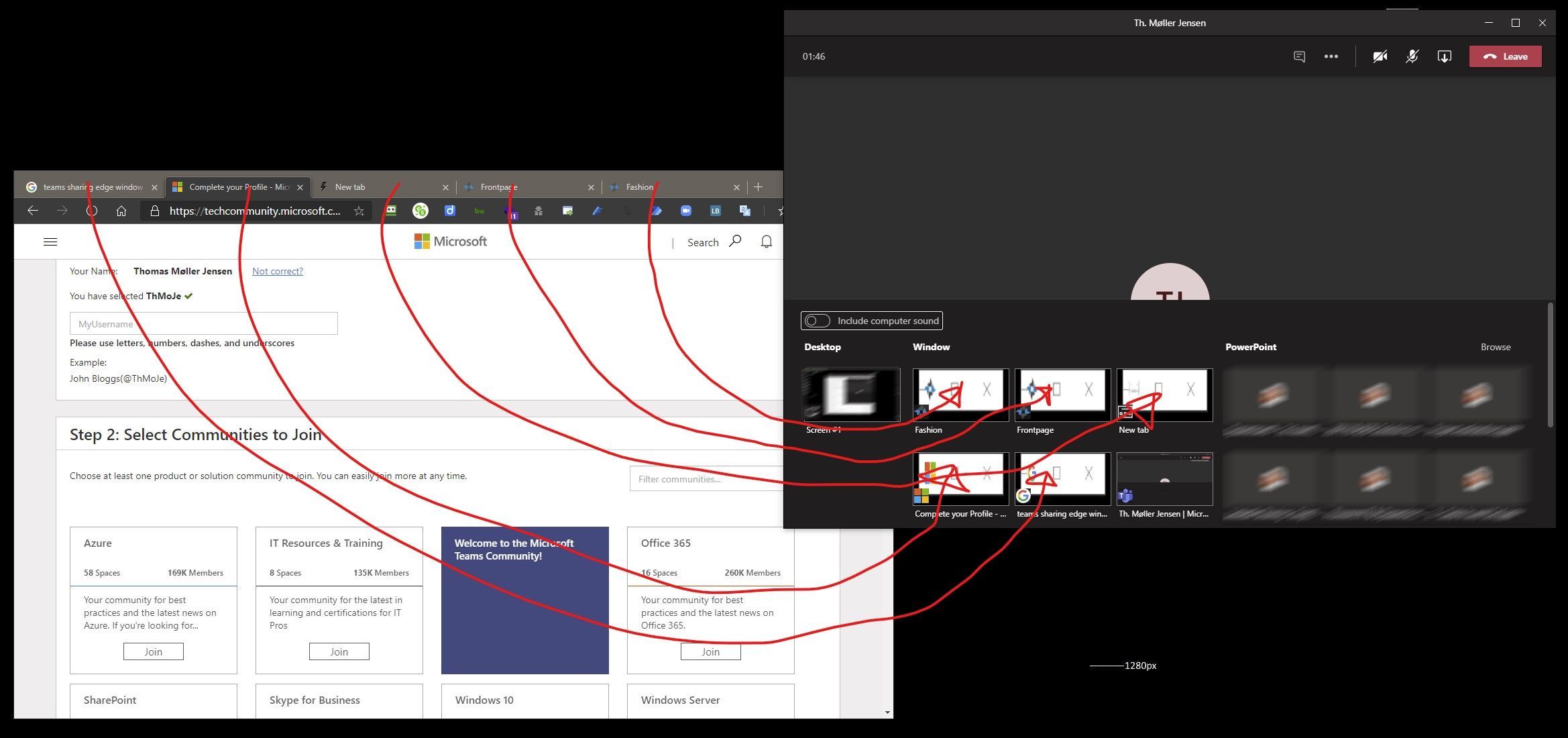 Teams shows edge tabs, not the window when trying to share, and it does ...