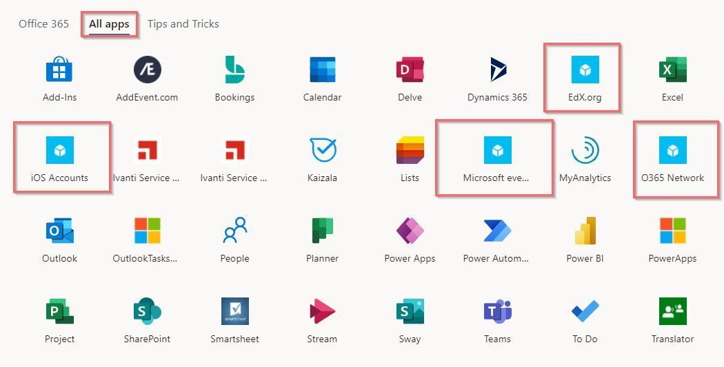 On Office 365 home page, where are the custom apps under "All apps ...