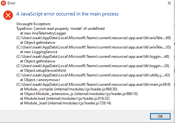 Javascript error when starting teams | Microsoft Community Hub