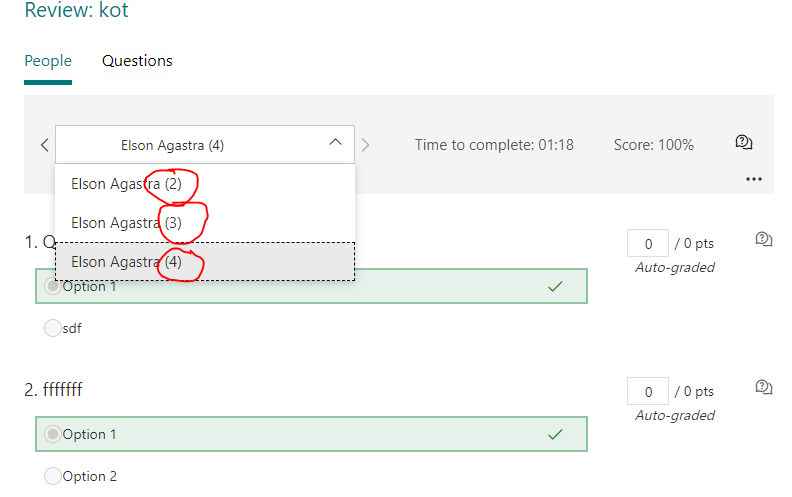 Forms one response per person selected, allows multiple responces if opened multiple times ...