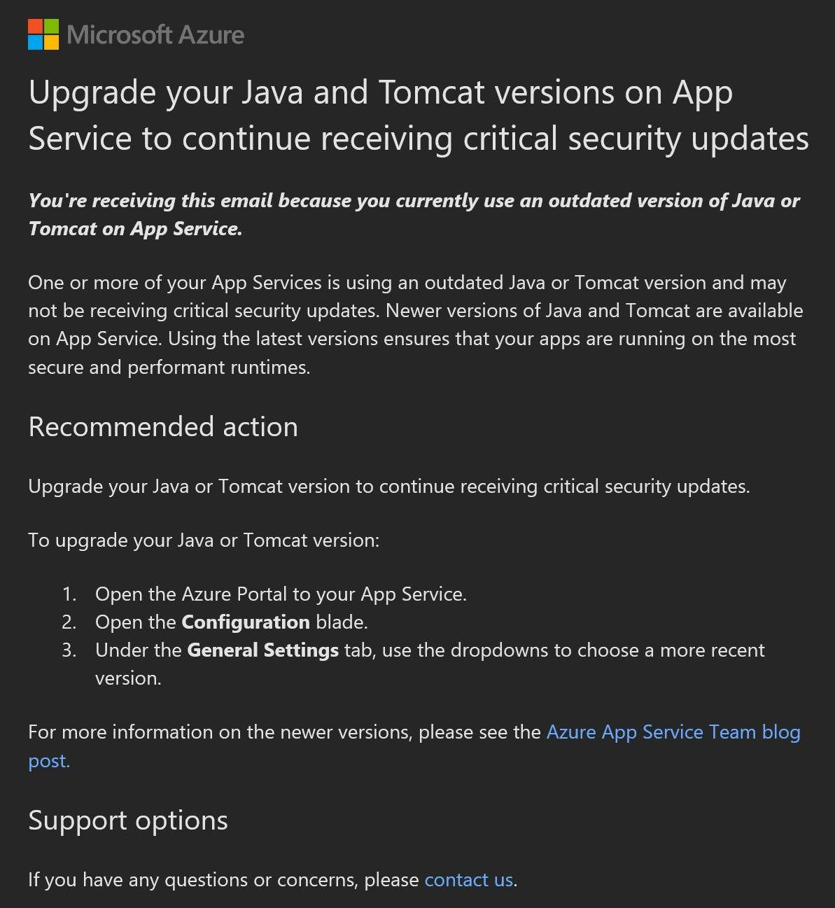 Upgrade your Java and Tomcat versions on App Service to continue ...