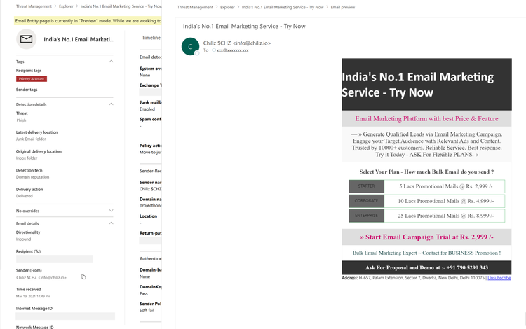 Email Entity Page in Microsoft Defender for Office 365