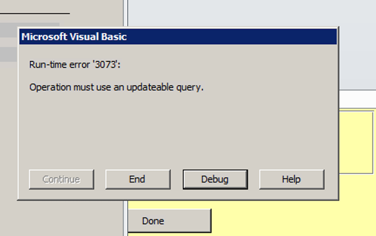 Run-time error '3073' Operation must use an updatable query ... Run-time error '3073' Operation must use an updatable query ...