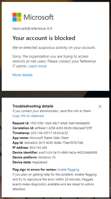 Account blocked, user not found in the risky users list | Microsoft ...