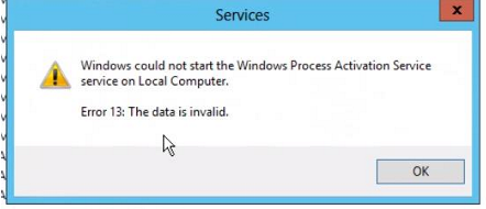 WAS service unable to start with the error 'the data is invalid ...