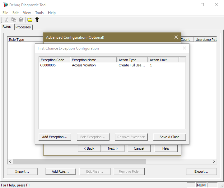 Memory dumps at process termination, with optional first-chance dump ...