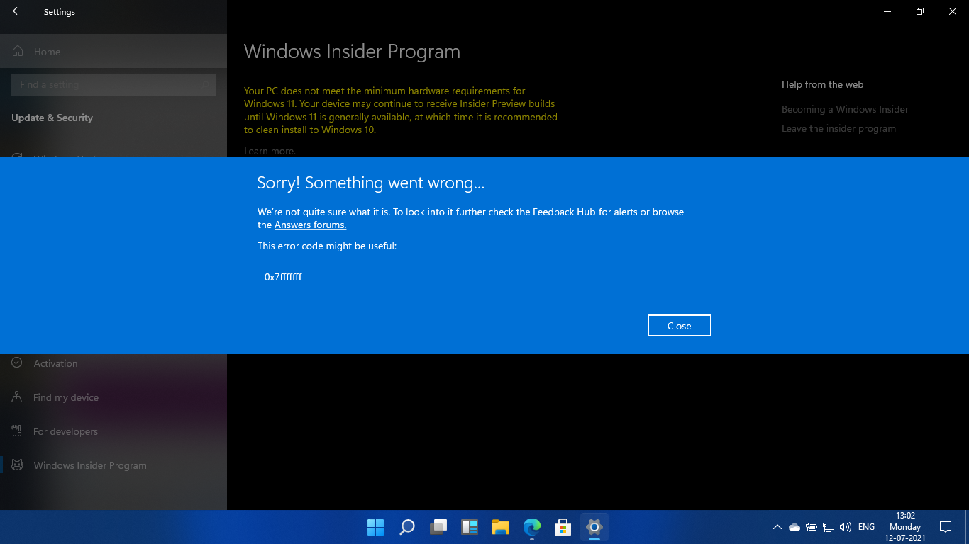windows insider program error 0x7FFFFFFF plss solve this | Microsoft Community Hub