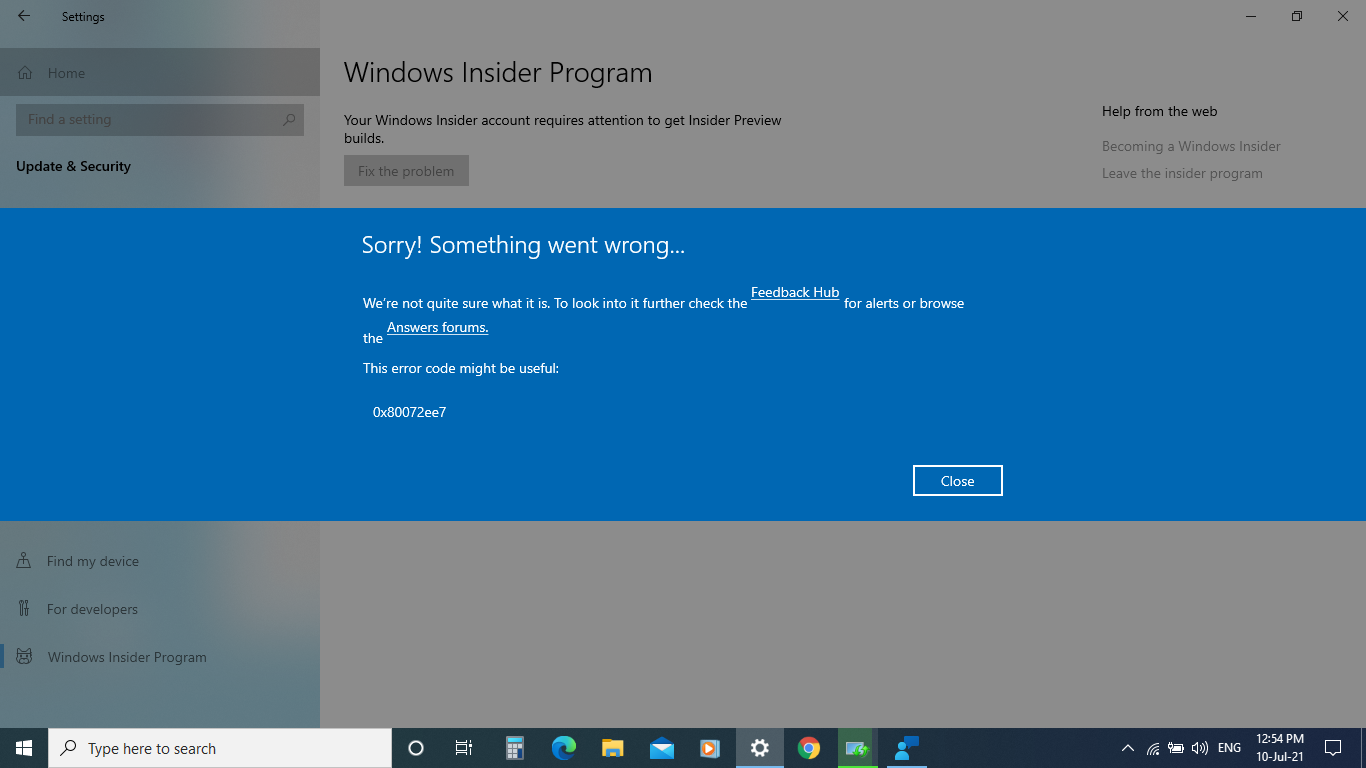 Windows insider program error 0x80072ee7 | Microsoft Community Hub