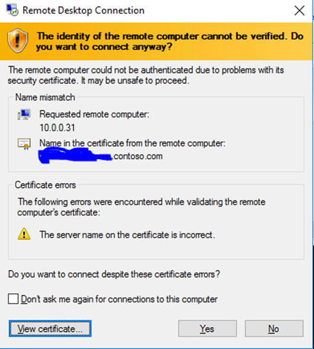Remote Desktop Connection (RDP) - Certificate Warnings | Microsoft ...