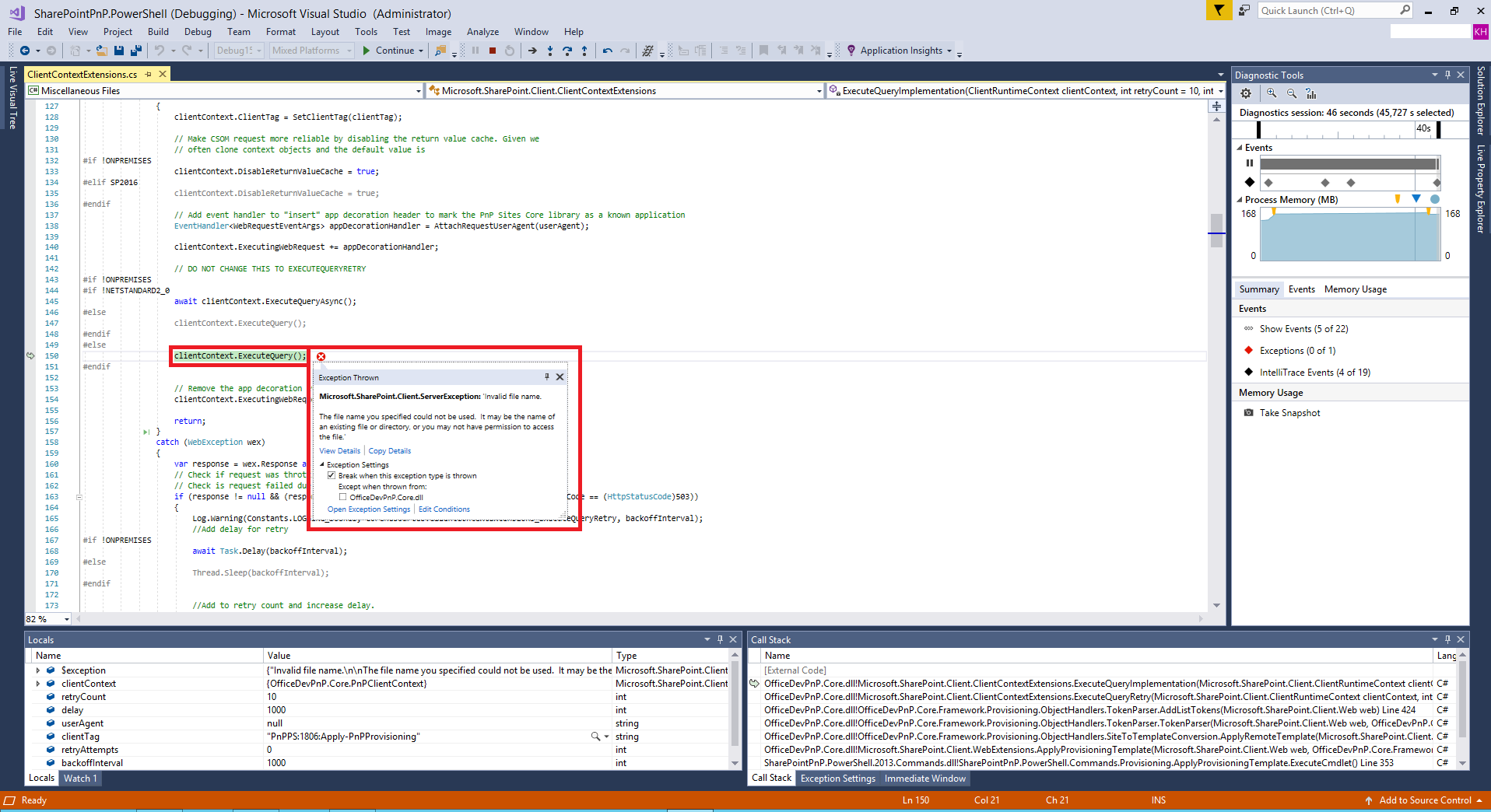 Best practice to debug exceptions coming from clientContext ...