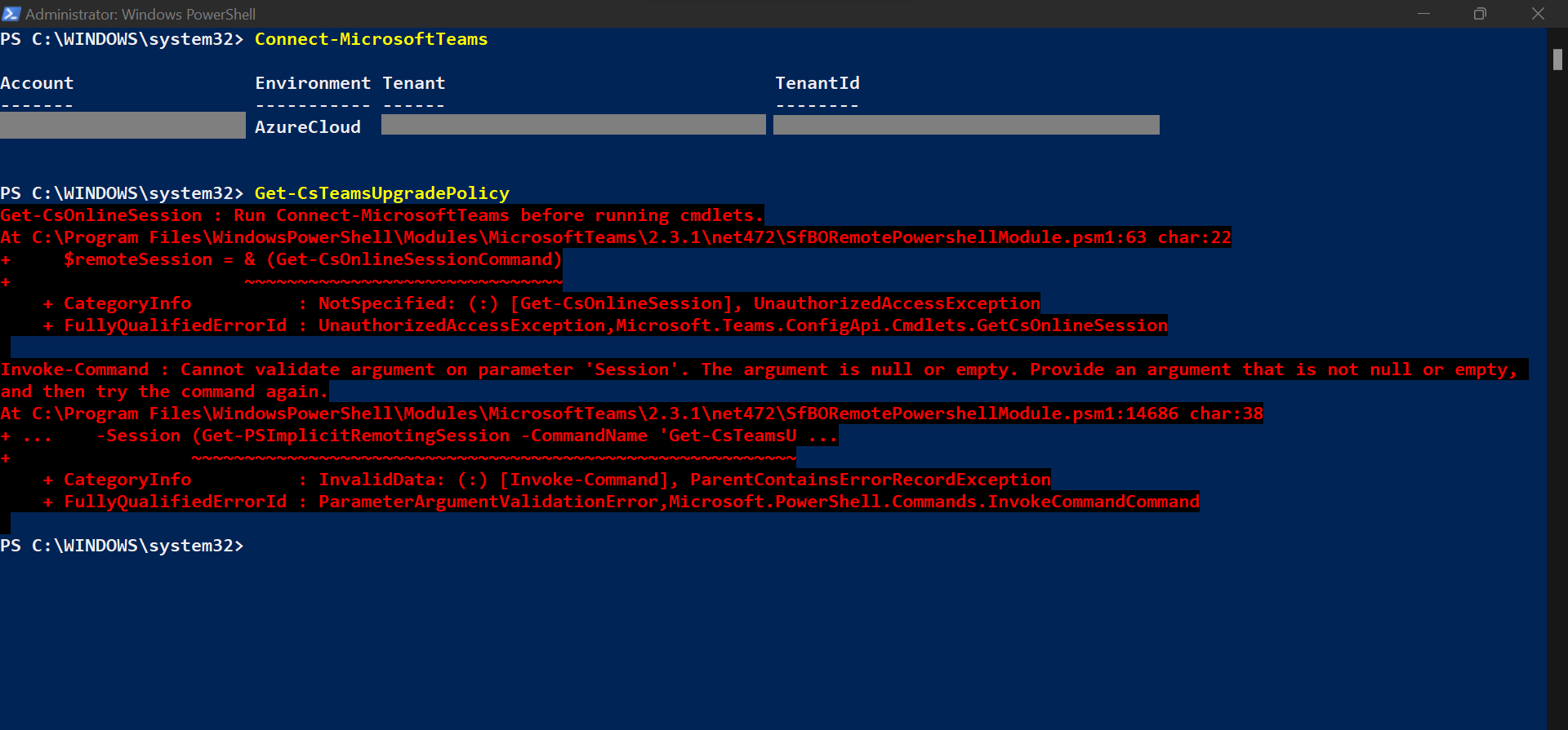 Cannot perform any actions after entered Connect-MicrosoftTeams cmdlet ...