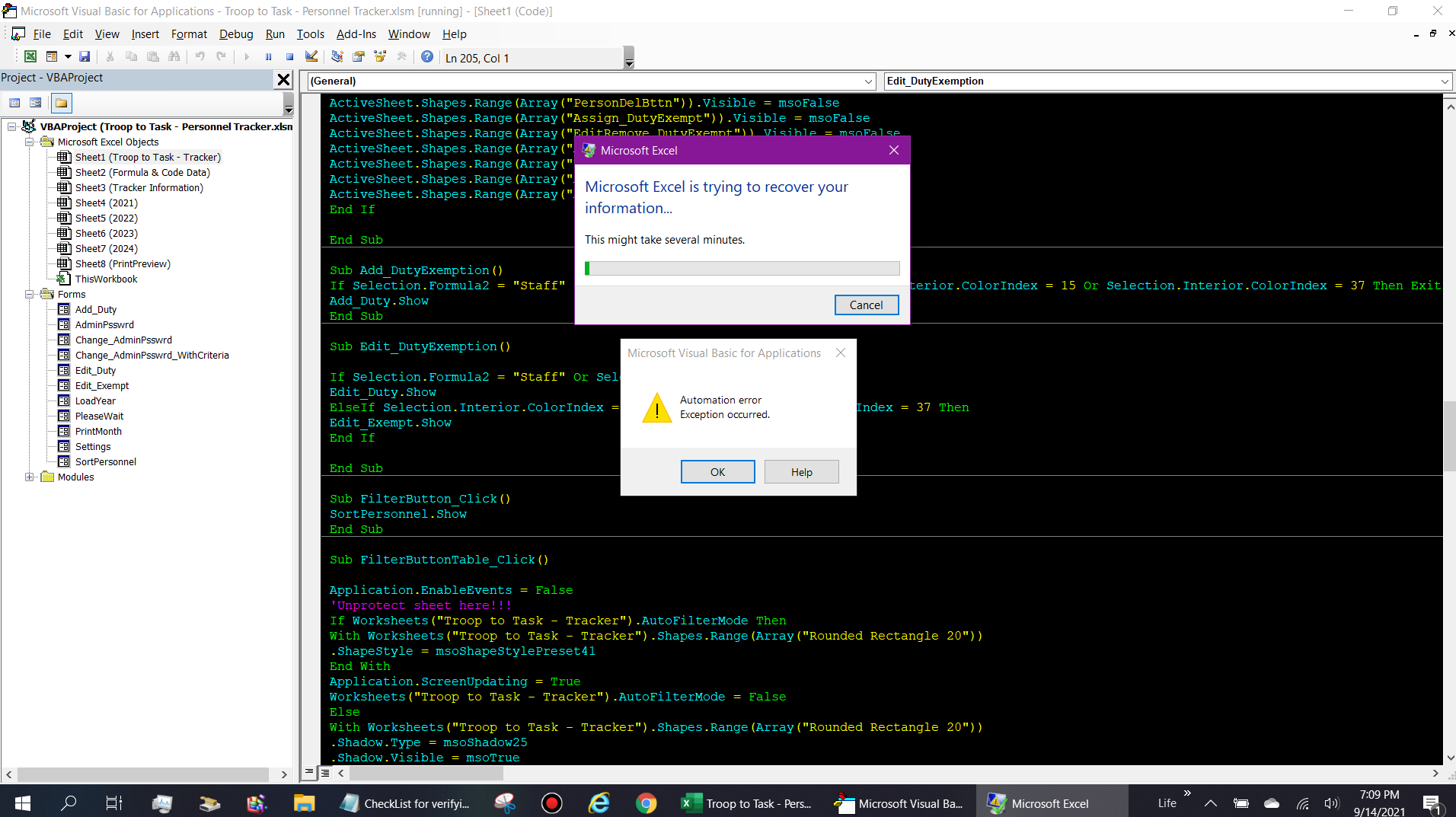 Need Help Userform Error Resulting In Excel Crash Automation Error Exception Occurred