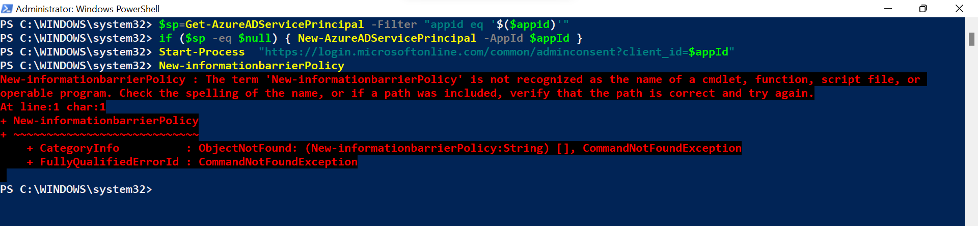 The term 'New-informationbarrierPolicy' is not recognized as the name ...