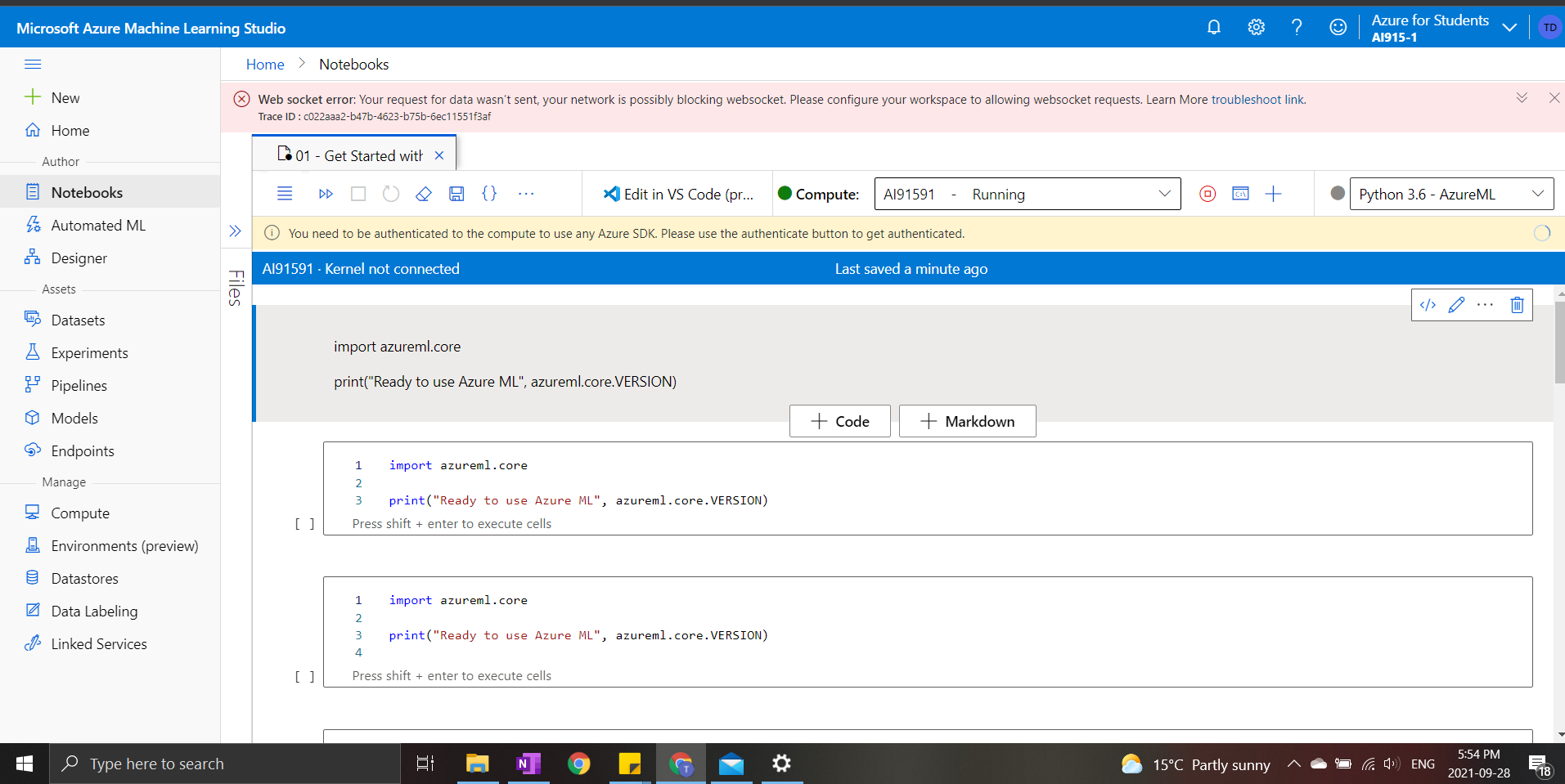 Cannot Authenticate Azure SDK (websocket) | Microsoft Community Hub