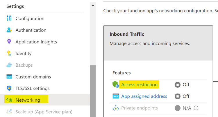 Accept only traffic from a front-end service (API Management, Functions ...