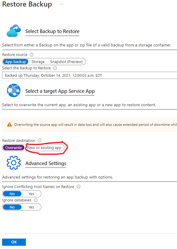 App Service restore backup to a different database | Microsoft ...