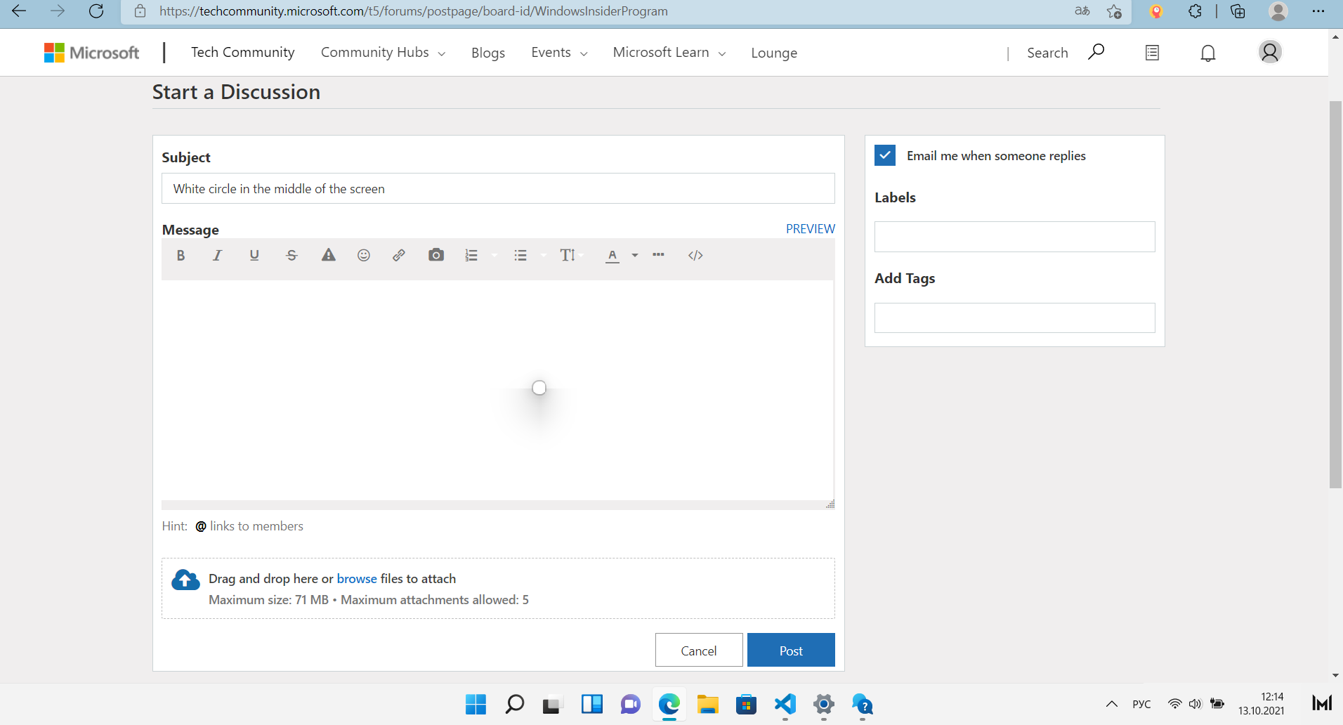 White circle in the middle of the screen | Microsoft Community Hub