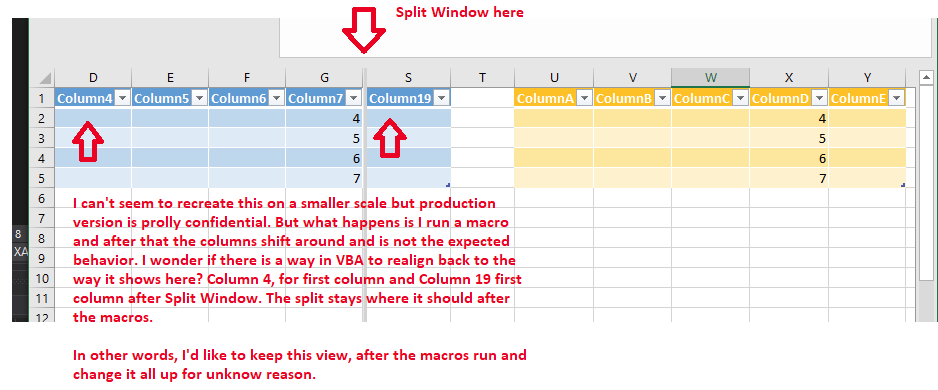 Is possible to keep view with split because after my macros run it moves the columns around ...