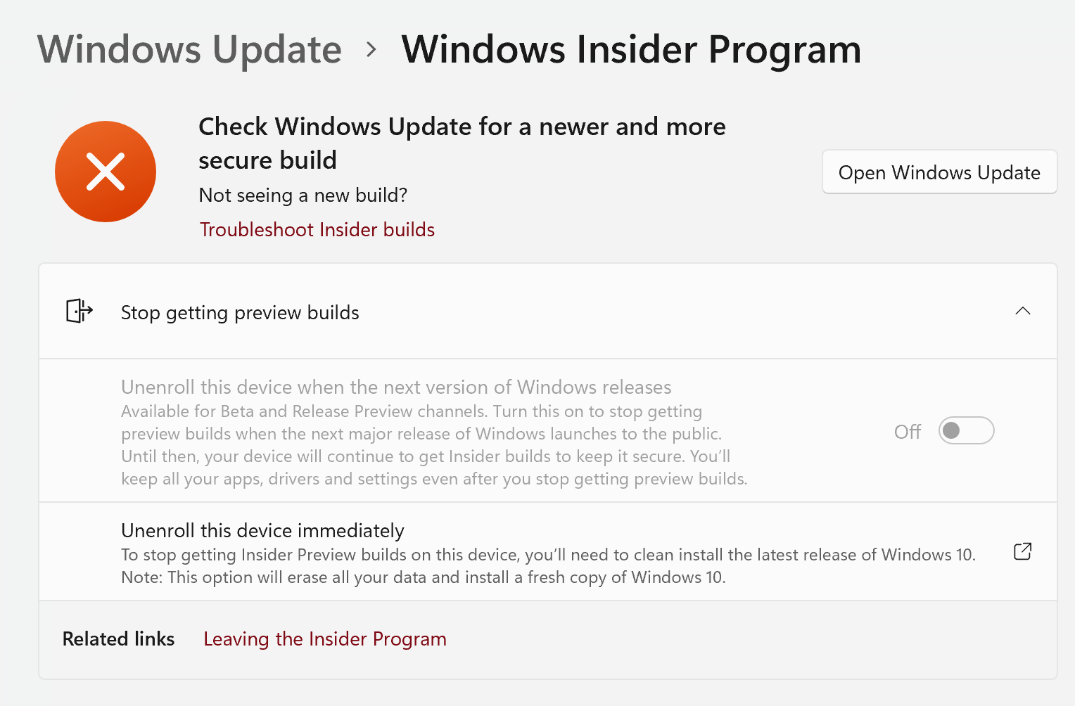 "Check Windows Update for a newer and more secure build" - stuck on ...