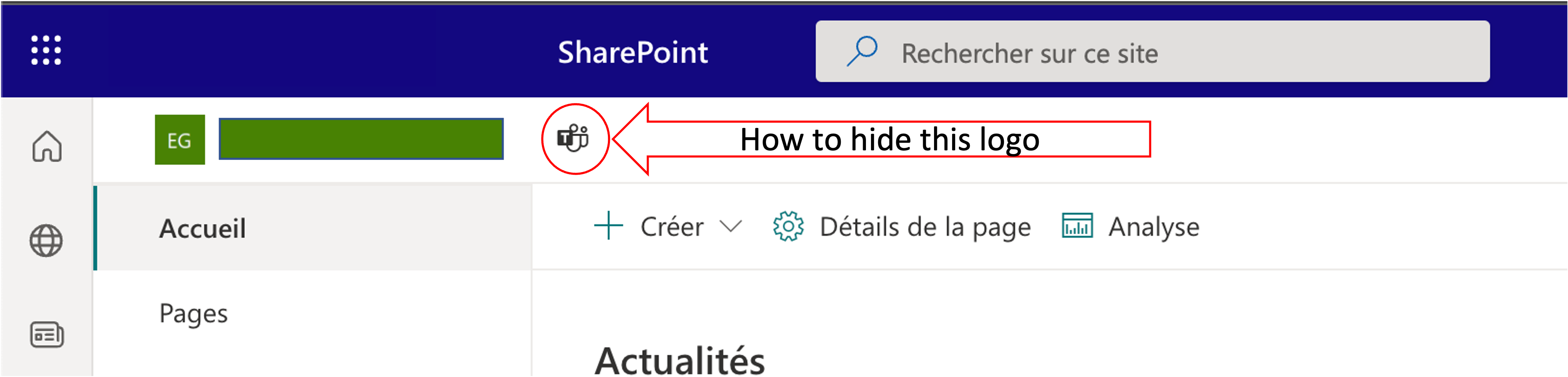How to hide the Teams logo to the right of a SharePoint Modern Team Site | Microsoft Community Hub