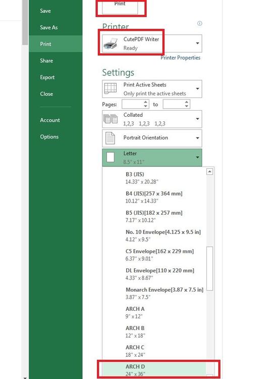 How do I set paper size to ARCH D in Excel? (need to make a poster ...
