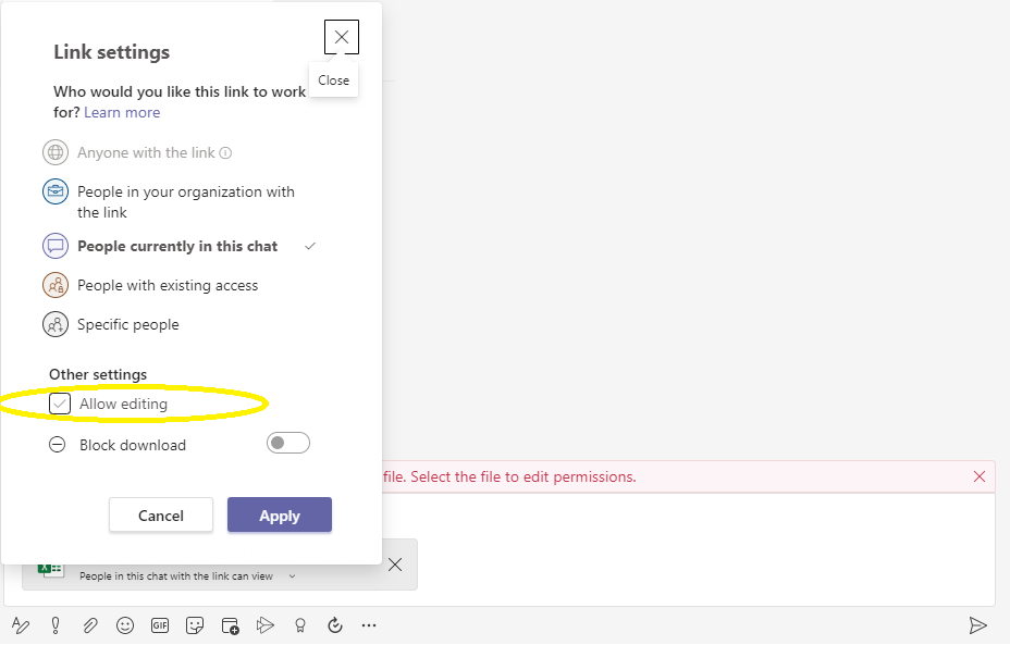 Automatically allow editing when sending a file in Teams chat ...
