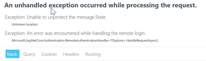 Asp.net Core MVC application with Azure AD authentication. Unable to unprotect Message.State ...