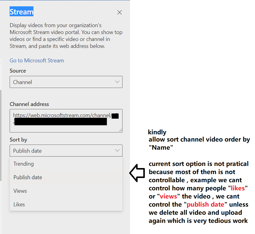 allow stream web part in sharepoint online modern page , sort channel videos by name | Microsoft ...