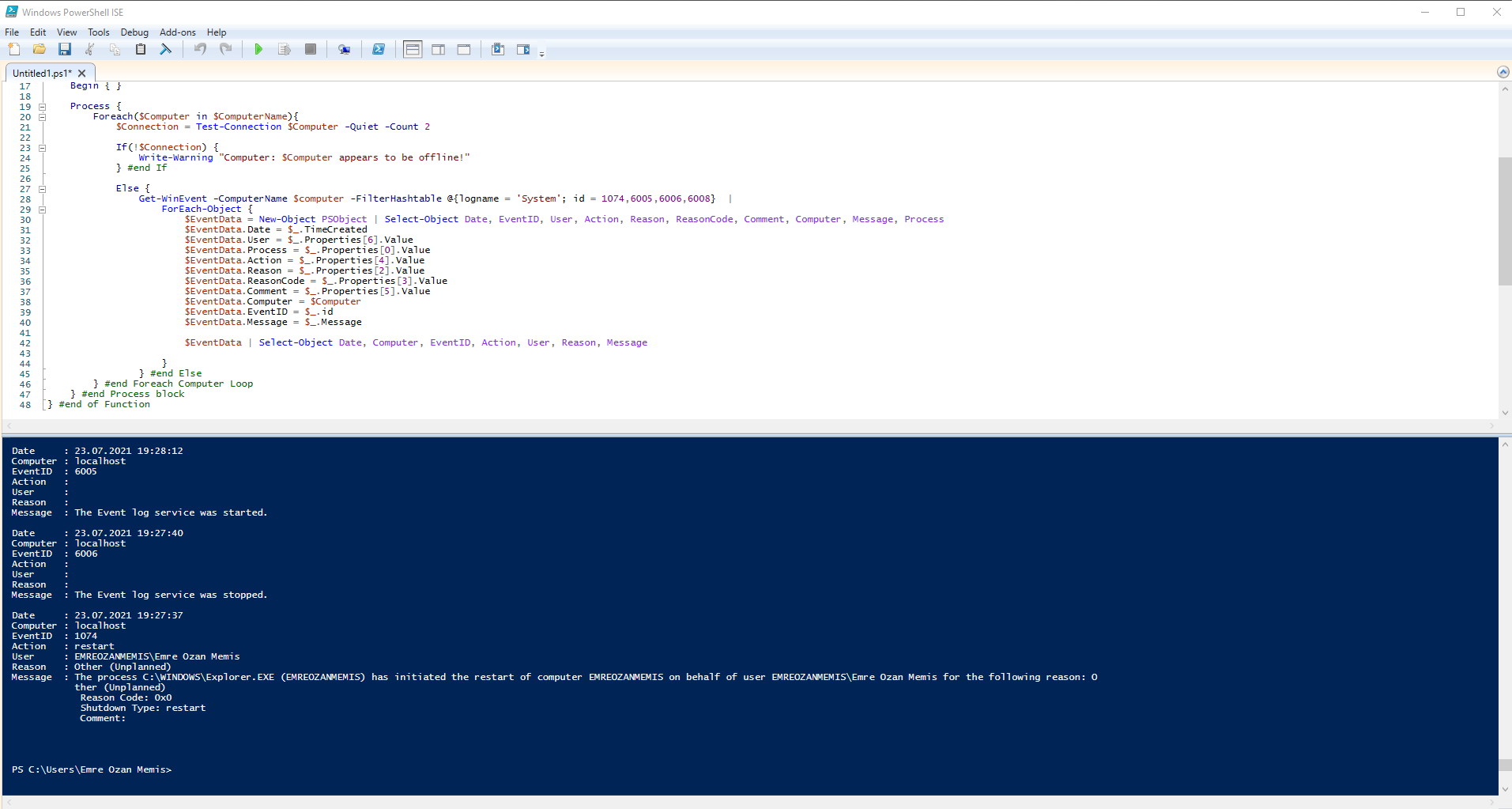 PowerShell ile Windows Server ne zaman kim tarafından yeniden basladı yada kapatıldı (tr-TR ...