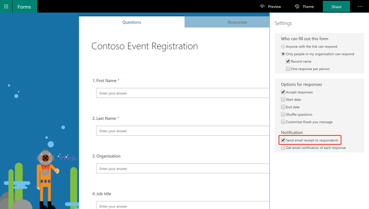 Email confirmation receipt is available in Microsoft Forms