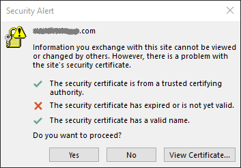 Outlook desktop client error 'The security certificate has expired or ...