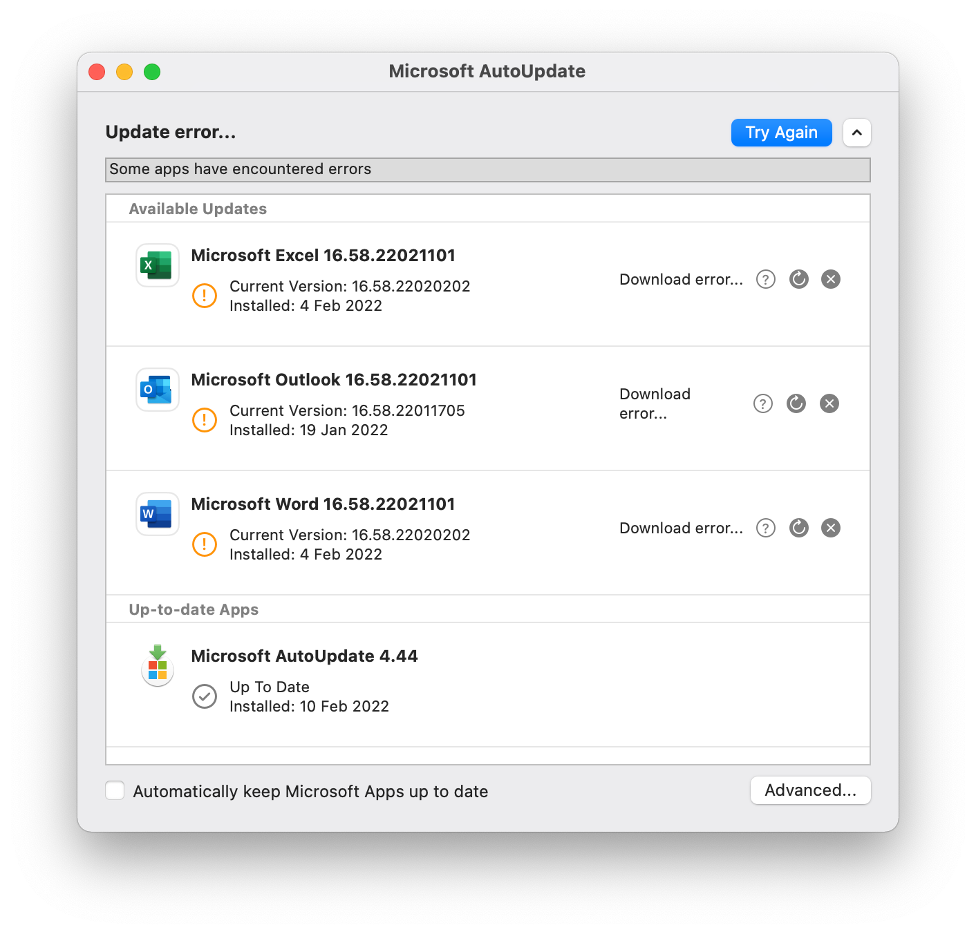 Microsoft AutoUpdate on Mac is consistently showing "download Error ...