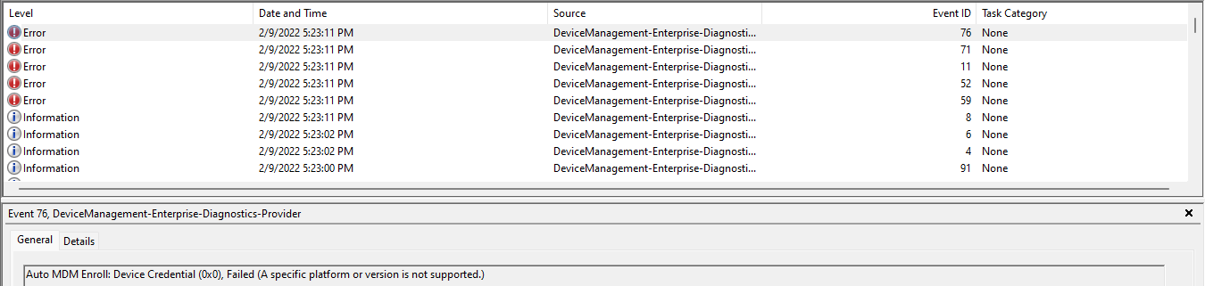 Device Credential (0x0), Failed (A specific platform or version is not ...
