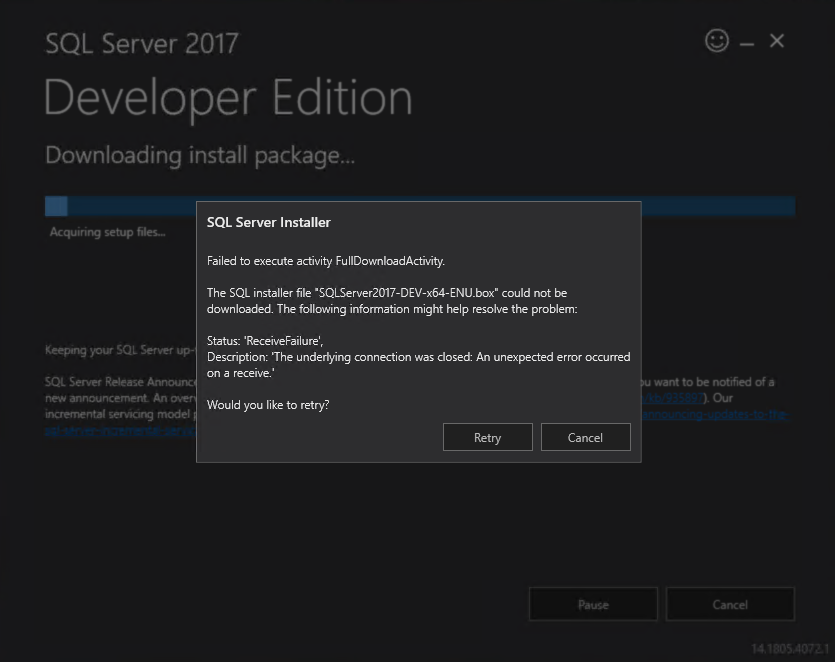SQL Server Installer - Receive Failure error | Microsoft Community Hub