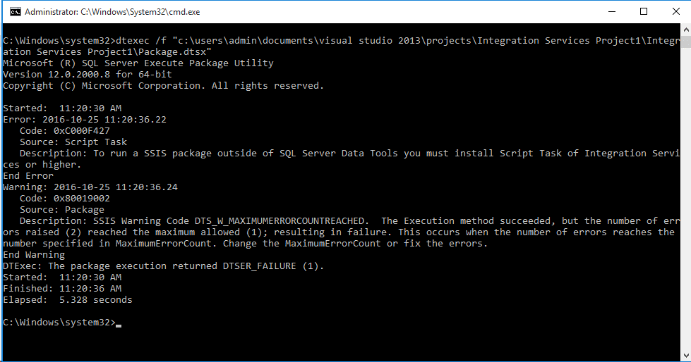 Running SSIS packages outside the Developer tools using DTEXEC.exe without installing the ...