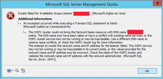 Create Listener Fails With Message The Wsfc Cluster Could Not Bring The Network Name Resource 8007