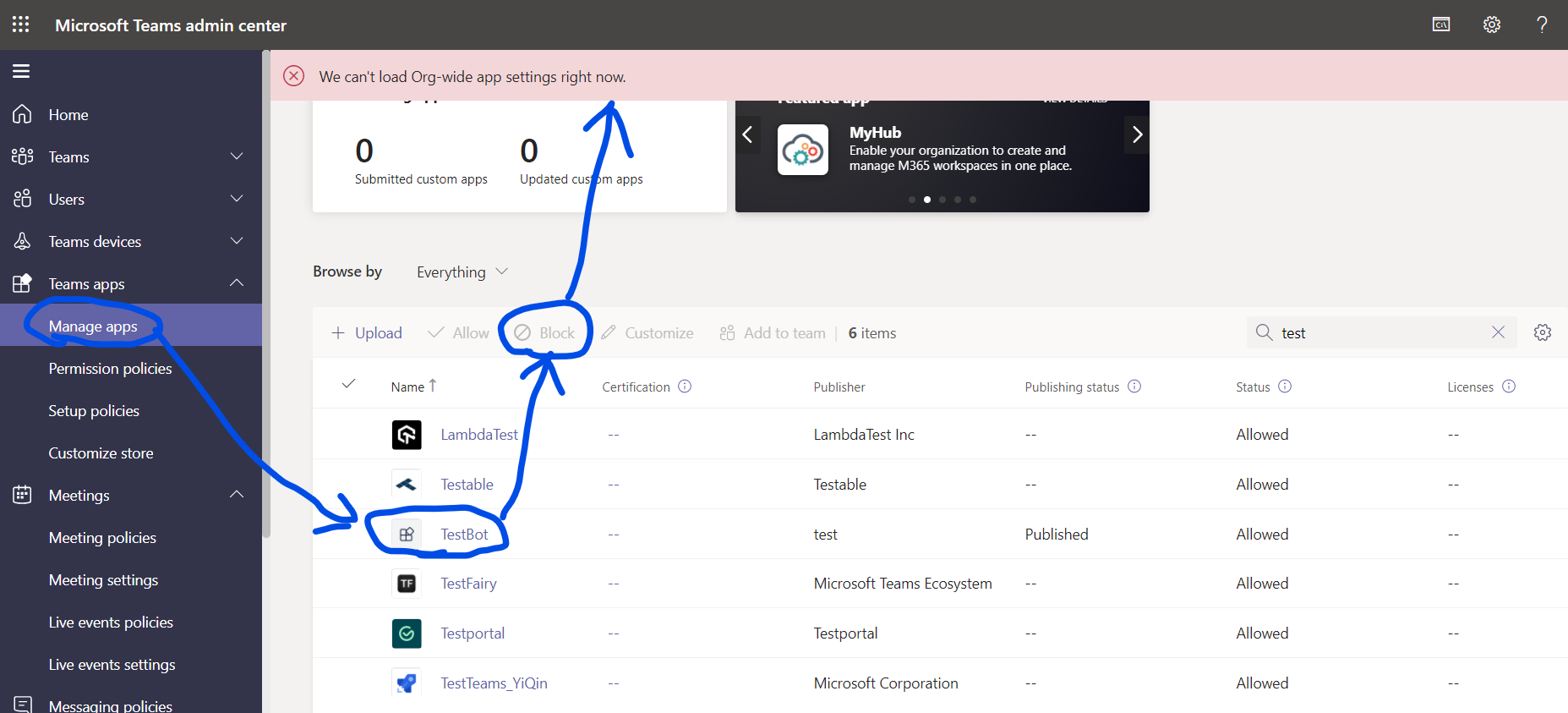 Error "We can't load Org-wide app settings right now." while blocking ...