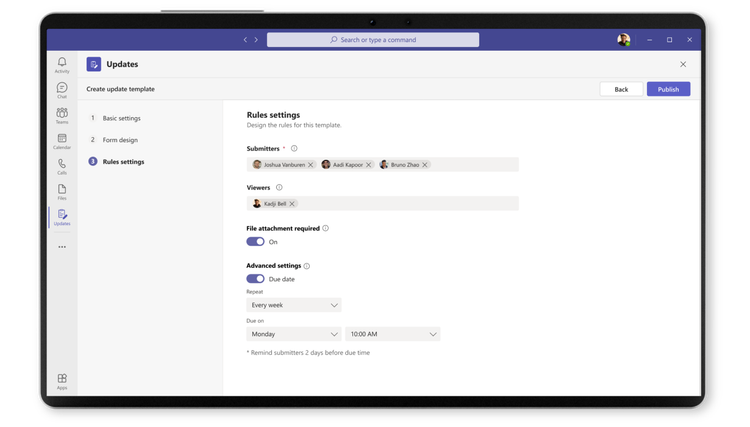Updates in Microsoft Teams allows users to create, submit, and review ...