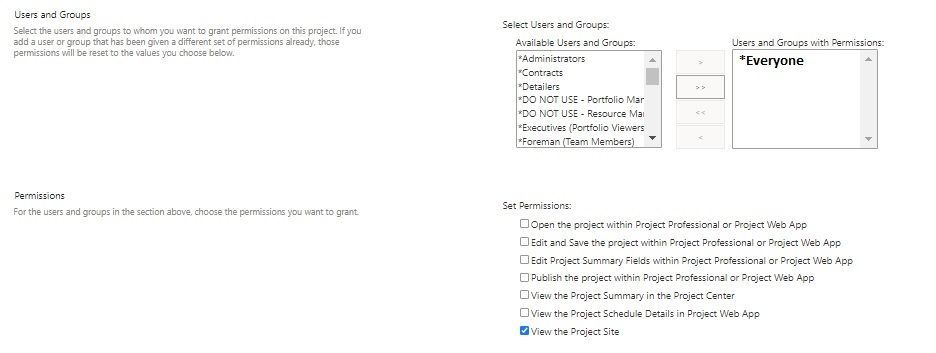 PWA/Project Online - Permissions - All Users - View Project Site ...