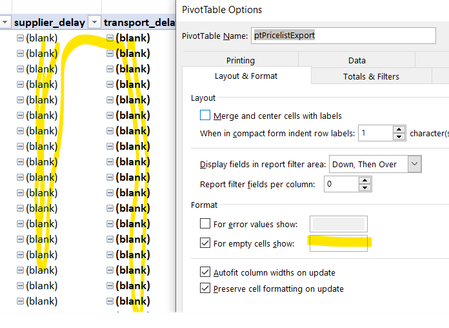 Pivot tabe shows "(blank)" even if "For empty cells show" is set to ...