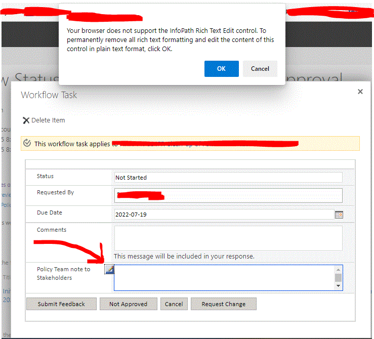 SharePoint Workflow Task:Edge "Your browser does not support the InfoPath Rich Text Edit control ...