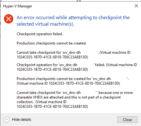 Cant create a checkpoint when using Shared Disks (VHDS) in Hyper-V | Microsoft Community Hub