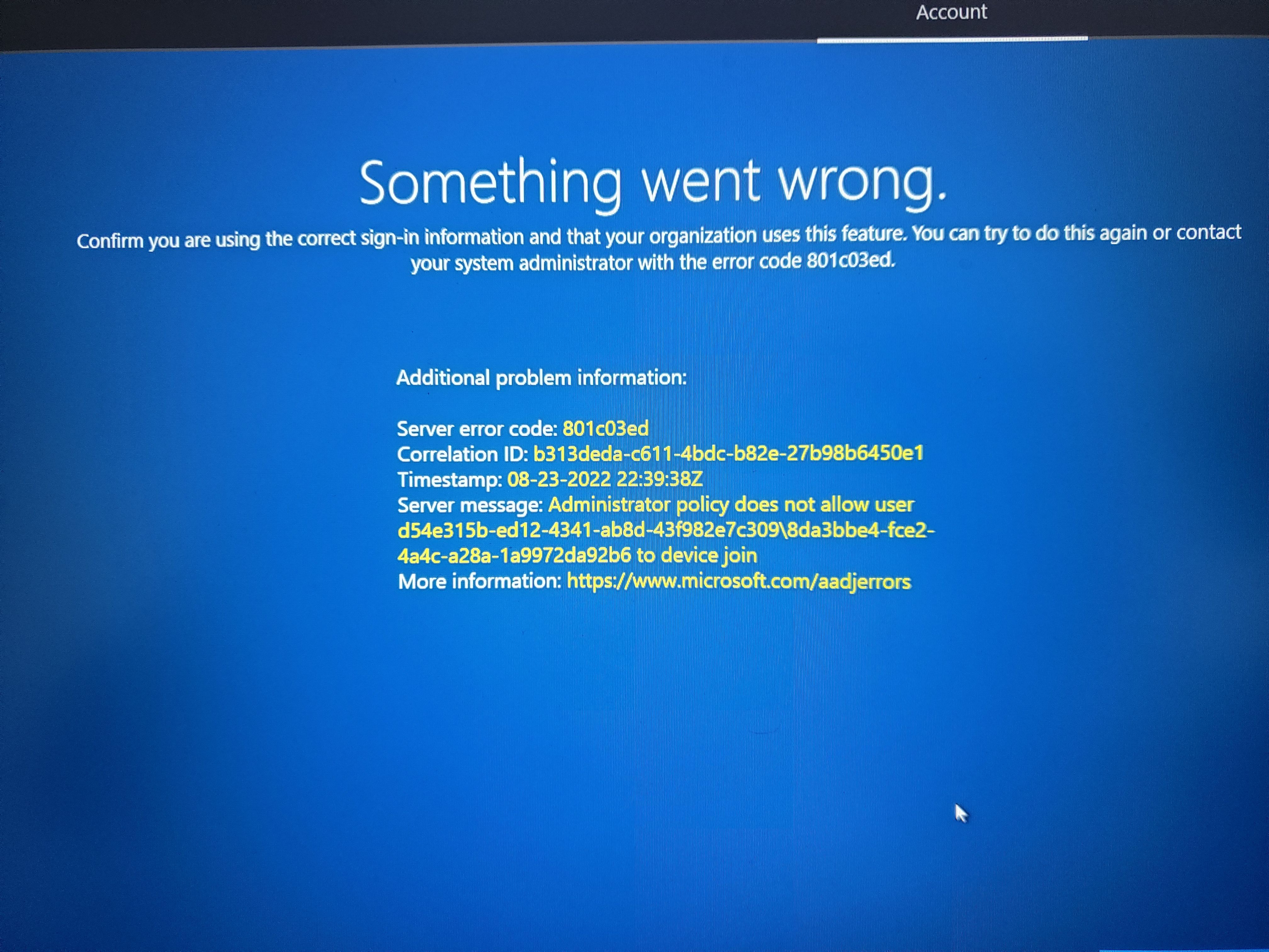 Azure AD Join ERROR | Microsoft Community Hub