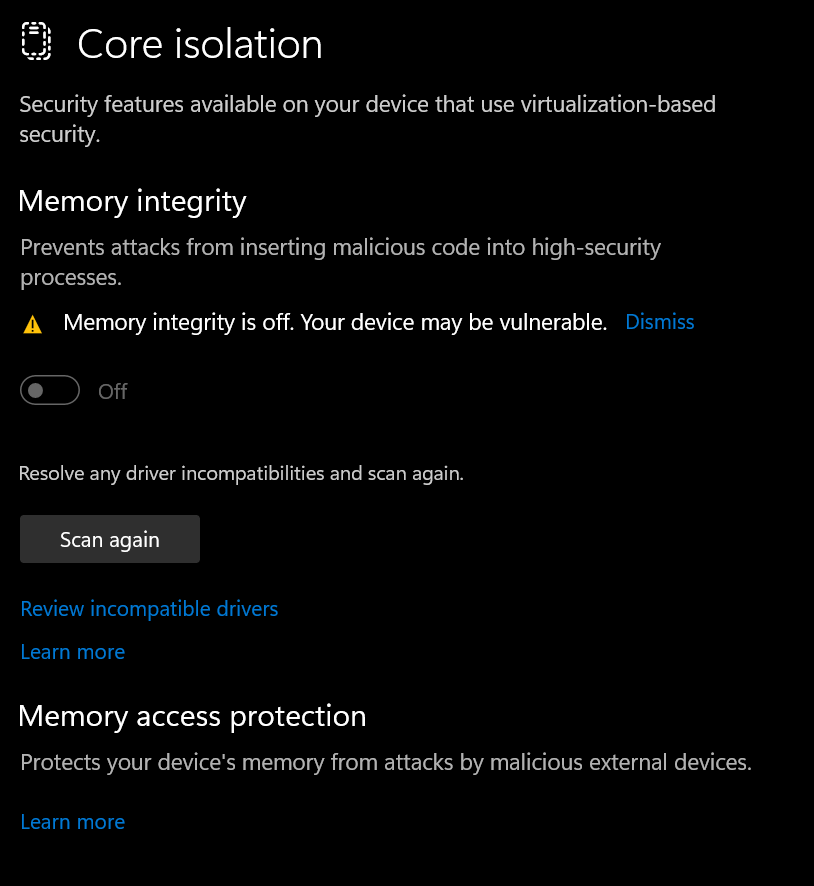Driver Conflict Disabling Core Isolation Switch | Microsoft Community Hub