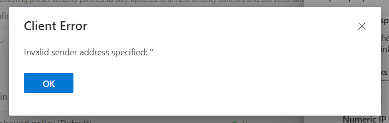Client Error Invalid Sender Address Specified When Trying To Add Allowed Domain To Spam