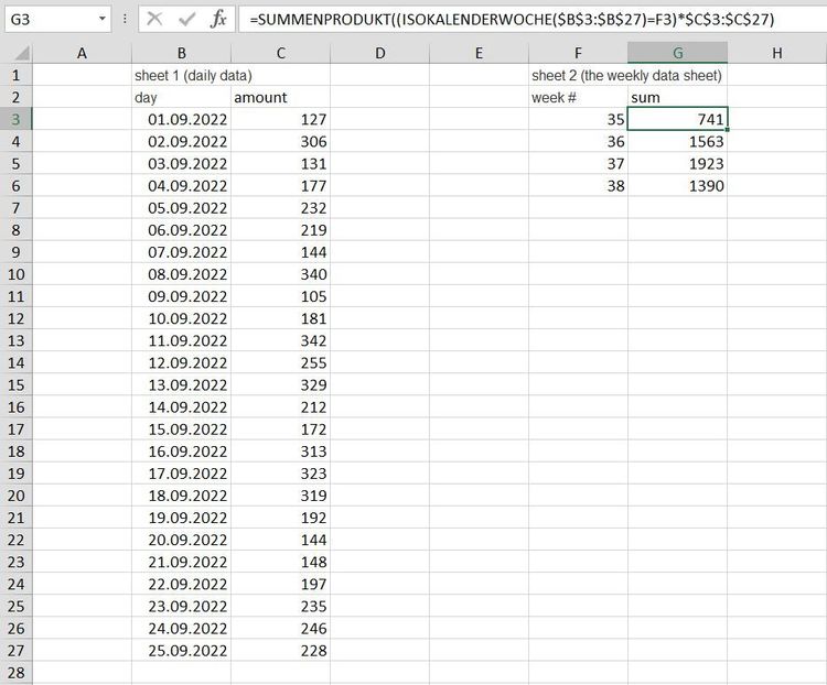 sum of 7 cells on one sheet in a column on another sheet | Microsoft Community Hub