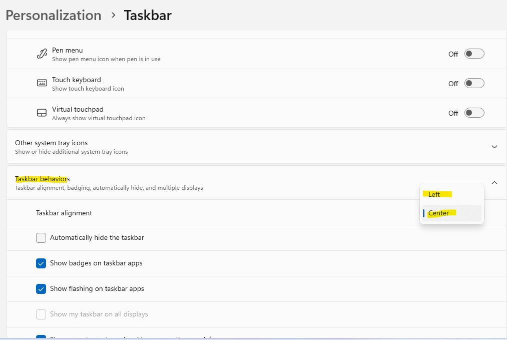 Task bar behavior settings are just "Left" and "Center" | Microsoft ...